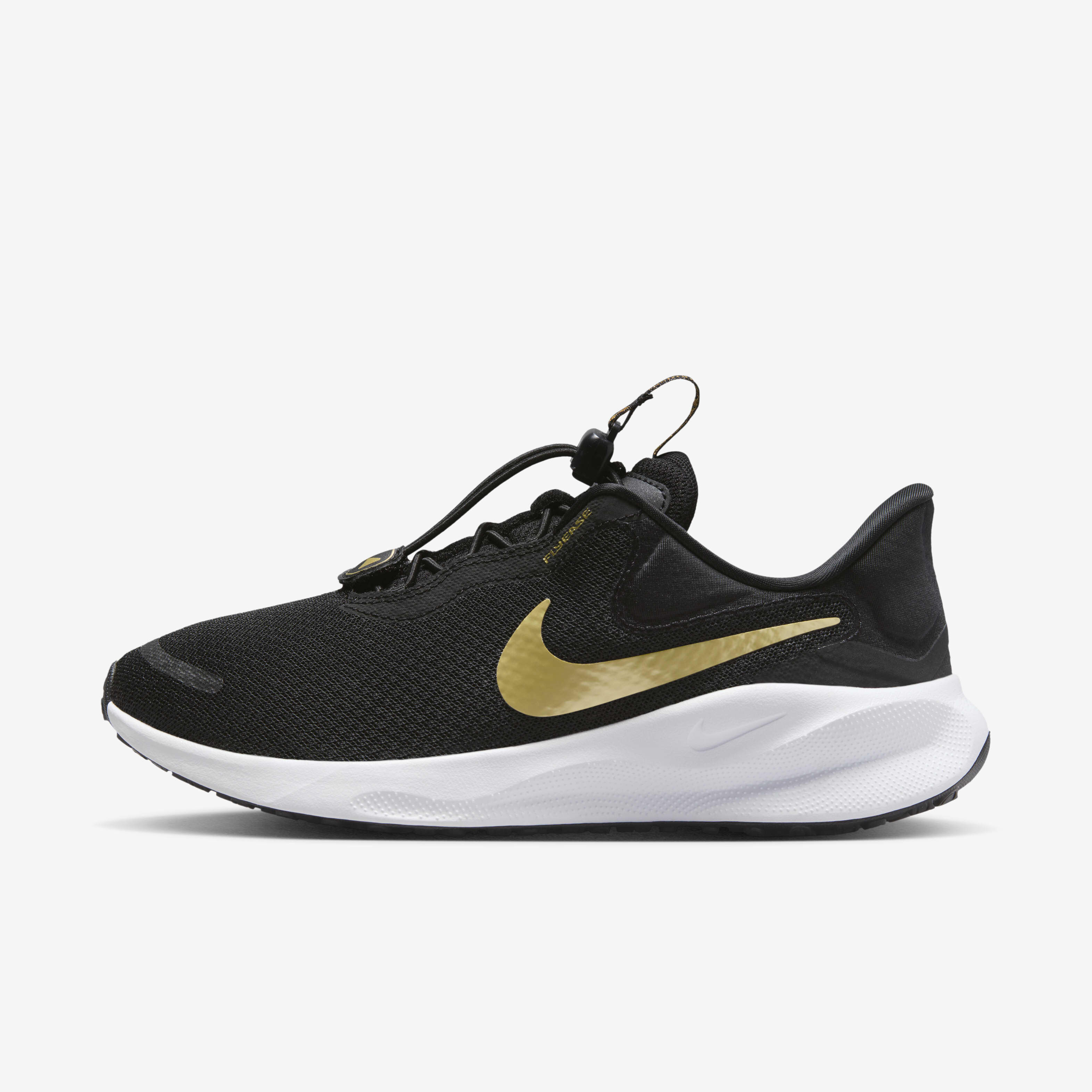 Buy Nike Revolution 7 EasyOn Women s Easy On Off Road Running Shoes Black White Dark Smoke Grey Metallic Gold Nike Kuwait Official