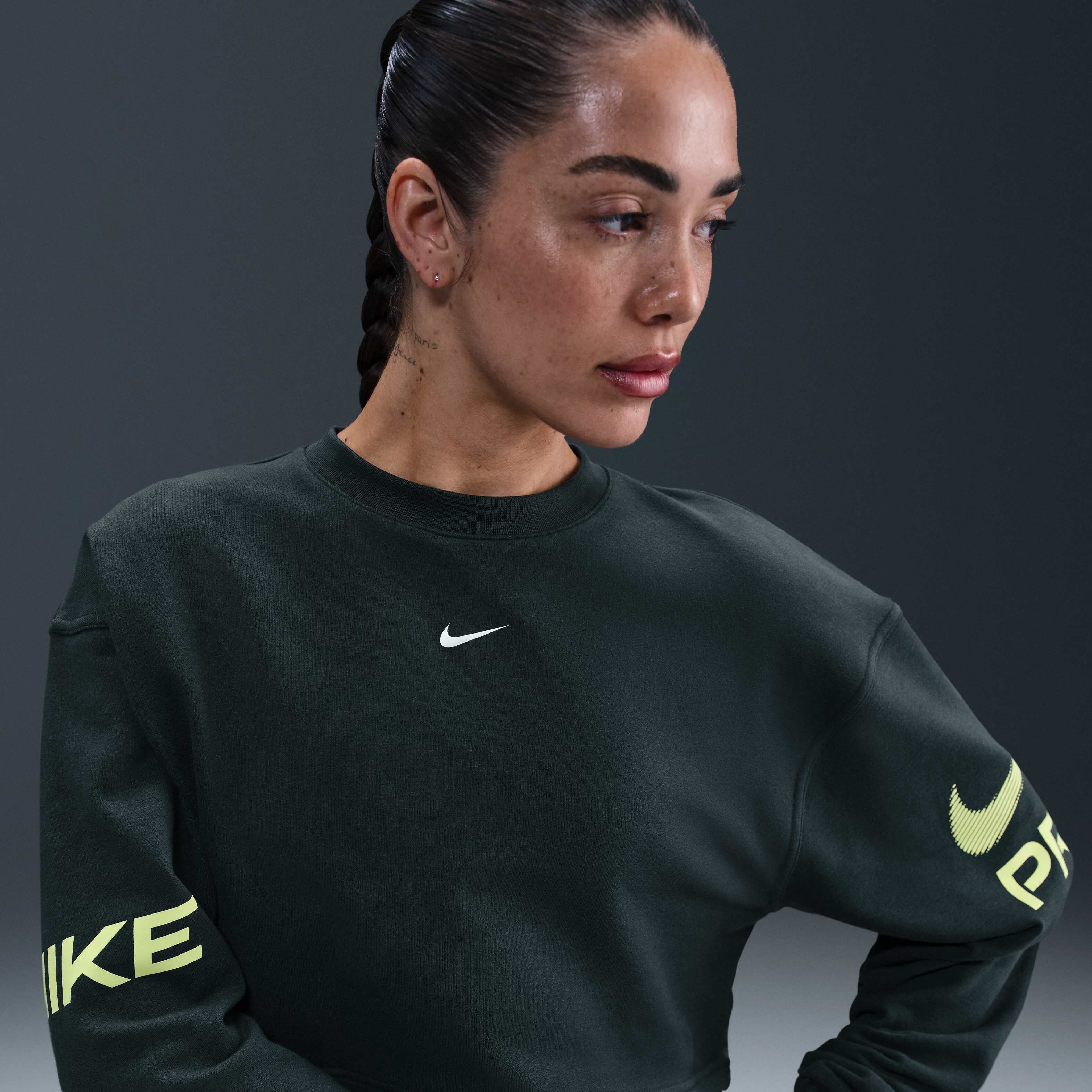 Buy Nike Pro Women's Dri-FIT Loose Crew-Neck French Terry Sweatshirt - Seaweed/Light Lemon Twist ...